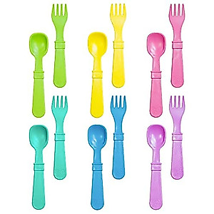 Re-Play Made in USA Toddler Forks and Spoons, Pack of 12 Without Carrying Case - 6 Kids Forks with Rounded Tips and 6 Deep Scoop Toddler Spoons - 0.2" Thick Toddler Utensils, Sorbet