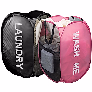 Larpur Pop Up Laundry Baskets, 2 Pack Mesh Laundry Hampers Collapsible Clothes Hampers for Home, Dorm, Travel (Black + Pink)