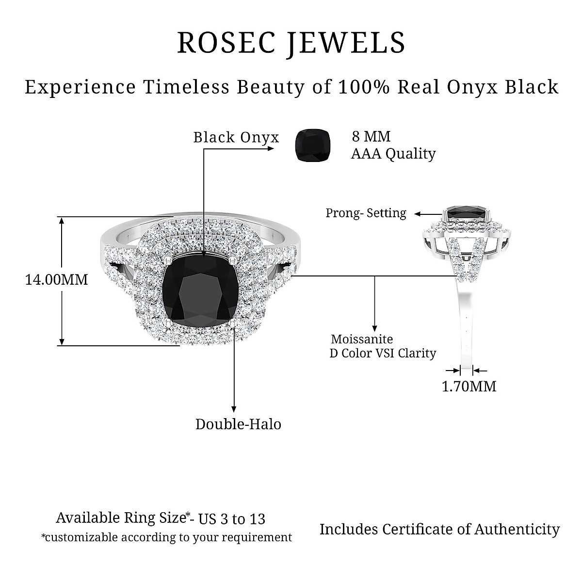 Natural Black Onyx 8MM Cushion Cut Engagement Ring, Black Onyx Double Halo Ring - AAA Quality with Certificate, 14K Yellow Gold, Size:US 12.50