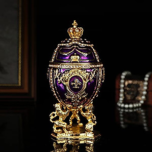 QIFU-Hand Painted Enameled Elegant Purple Faberge Egg Style Decorative Hinged Jewelry Trinket Box Unique Gift For Home Decor
