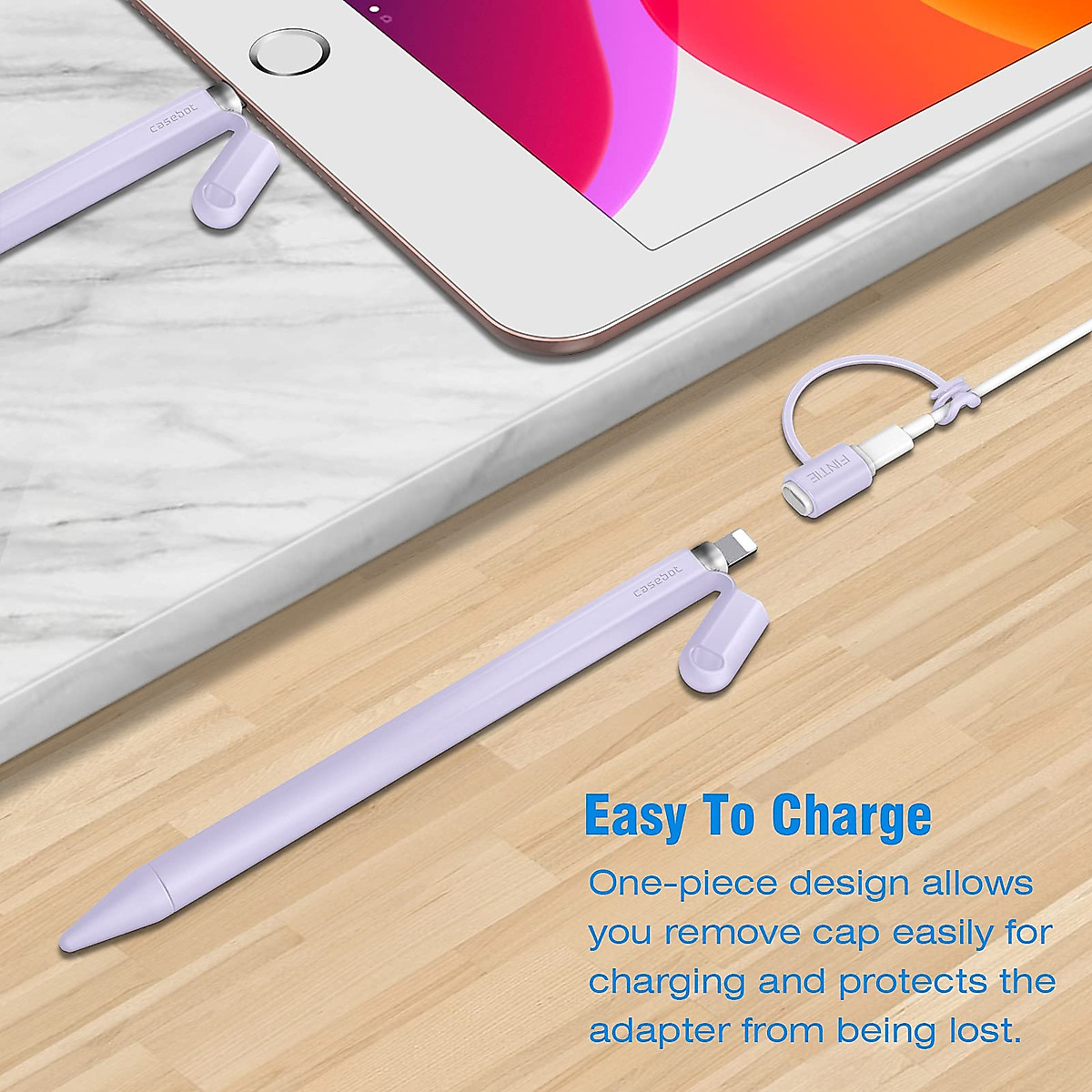 Fintie Silicone Sleeve Compatible with Apple Pencil 1st Generation, Ultra Light Pen Skin Case Cover Soft Protective Pencil Grip Holder with 2 Nib Covers & Cable Adapter Tether, Lilac Purple