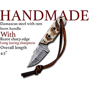 MEDIEVAL SUPPLIES Damascus Steel EDC Knife 4.5inch Fixed Blade Mini Knife Skinning,Survival,Camping and Outdoor Enthusiasts Natural Handle and Leather Sheath Brand By Medieval supplies (RAM HORN)