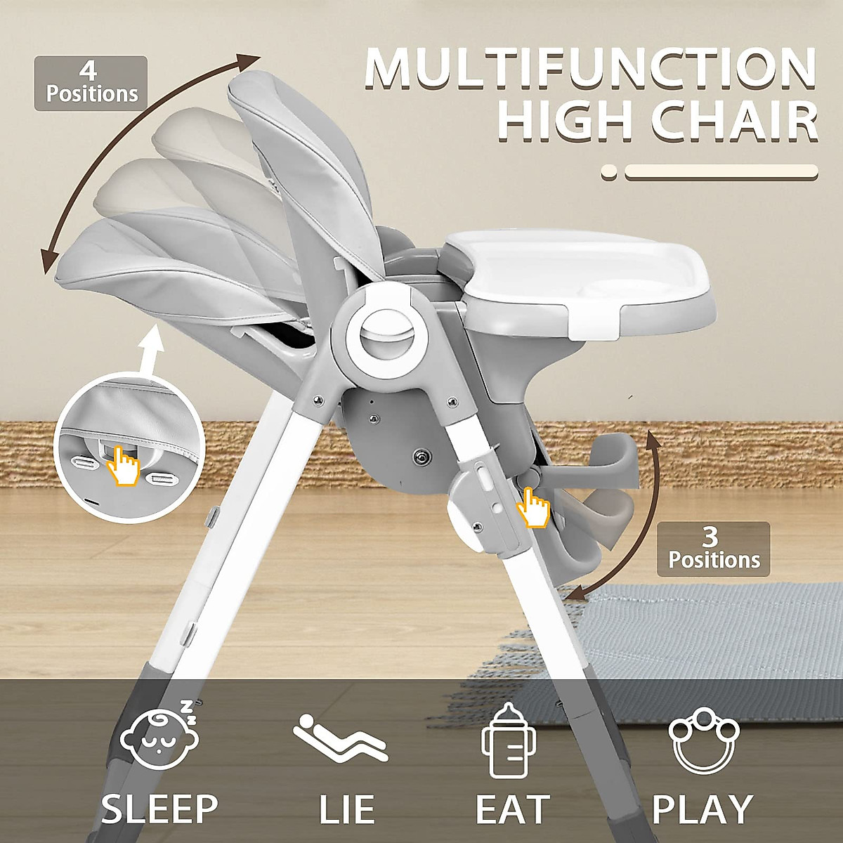 Babilous 4 in 1 Baby High Chair Foldable Booster Seats, Portable and Compact Adjustable High Babychair for Babies and Toddlers - Multiple Heights and Positions (Grey)