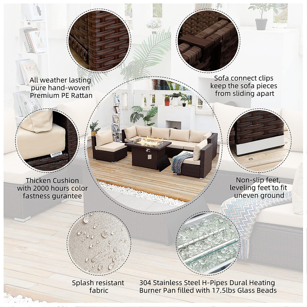 BULEXYARD High Back Brown PE Rattan Outdoor Patio Furniture Set with Propane Fire Pit Table, Large Wicker Outside Sectional Furniture Sofa Conversation Sets for Backyard(Beige, 7Pcs-A)