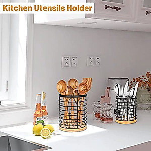 Toosci 2 Pcs Kitchen Utensil Holder - Stainless Steel and Bamboo Utensil Holder for Kitchen Counter, Large Spoon Spatula Holder for Kitchen Organizer（XL+L