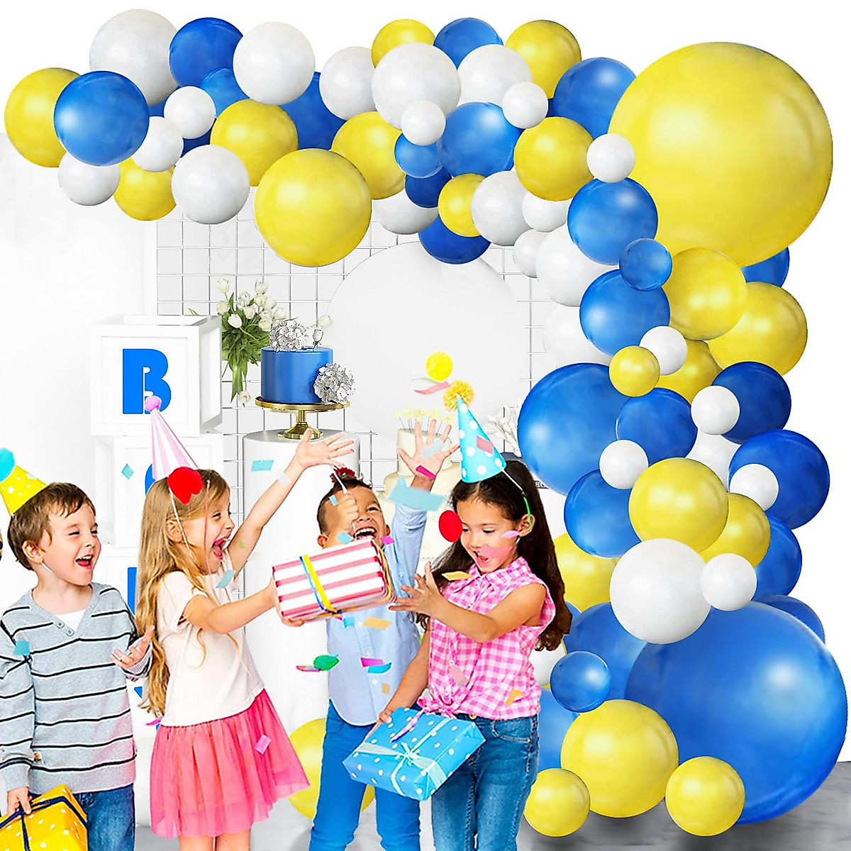 Blue Yellow White Balloon Garland Kit, 90 Pack Blue Yellow White Latex Balloons for Baby Shower Anniversary Birthday Wedding Graduation Office Party Decoration