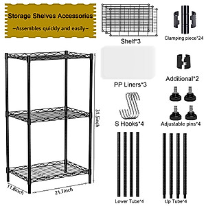 FUYVA 3-Tier Black Metal Shelving Unit with Wire Storage, 3 Shelf Liners, and Hooks, Wire Rack Height Adjustable Shelves for Kitchen, Bathroom, Pantry, Closet, and Bedroom (15.7"L x 11.8"W x 31.5"H)