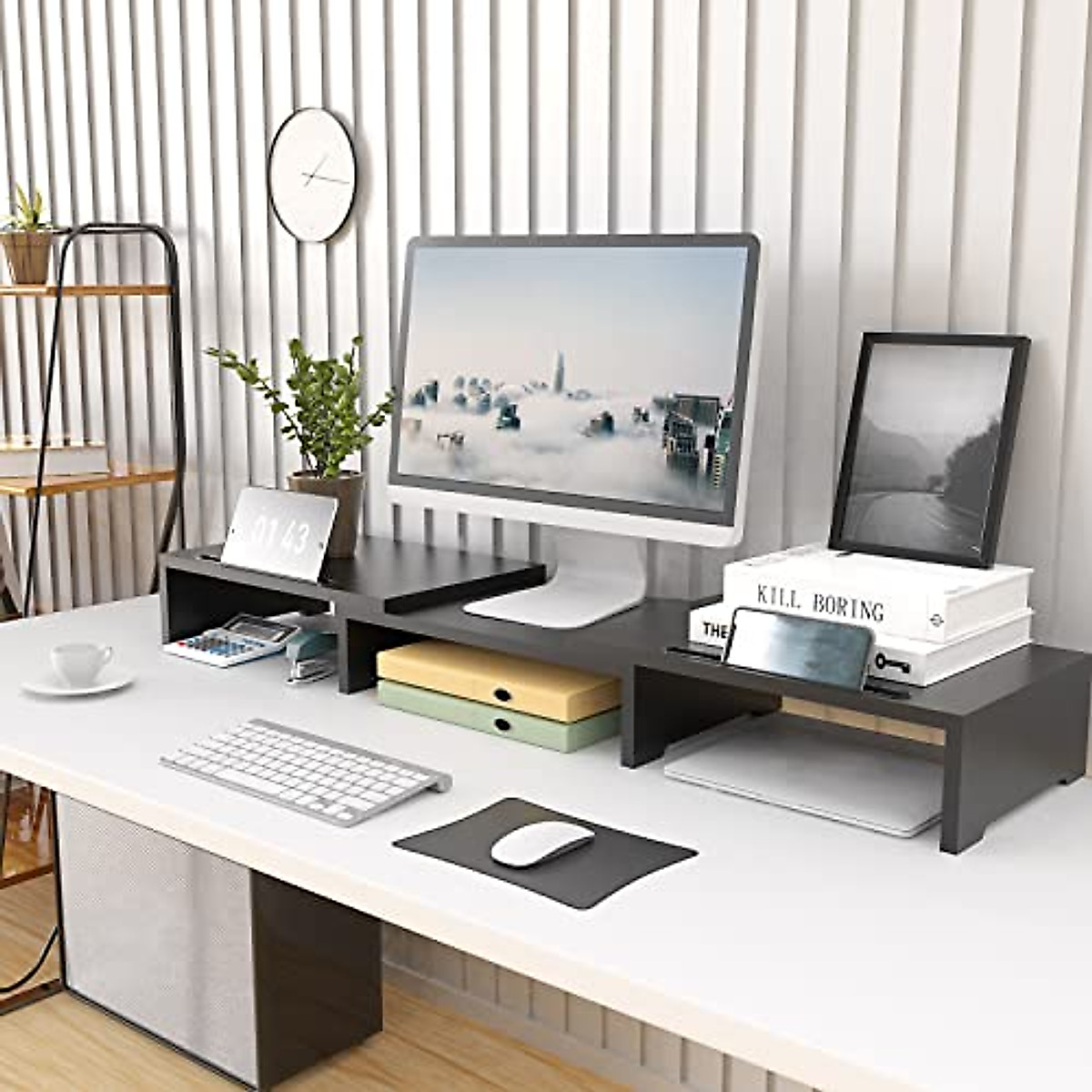WALI Dual Monitor Stand Riser, 3 Shelf Laptop and Computer Monitor Stand with Phone Holder, Length and Angle Adjustable Desk Organizer (PTT007T-B), Black