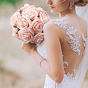Mocoosy 50pcs Artificial Rose Flowers, Pink Roses Blush Real Touch Foam Fake Rose Bulk with Stem for Wedding Bouquets Centerpieces Wedding Shower Party Home DIY Decoration