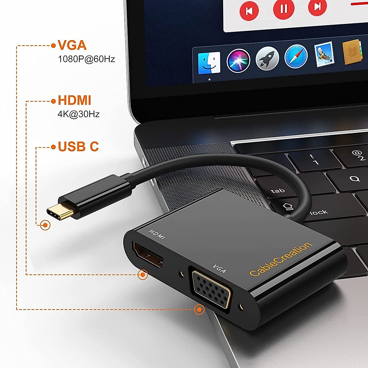 CableCreation USB C to HDMI VGA Adapter, Type C to VGA to USB C Thunderbolt 3 for Dual Monitor Adapter Compatible with iPhone 15 Plus/15 Pro Max, Galaxy S22 Ultra, MacBook Pro 2020, iPad Pro 2020