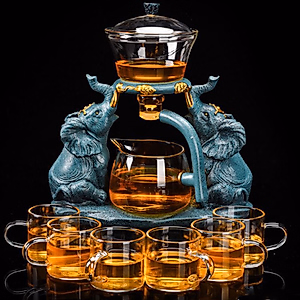 GODNOEI Elephant Glass Tea Set Lazy Kungfu Magnetic Water Diversion Creative Glass Teapot Semi Automatic Tea Maker Suit Kitchen Bar Supplies (6 tea cups)