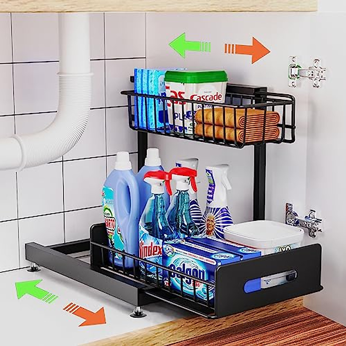 Under Sink Organizer And Storage,Pull Out Cabinet Organizer,2-Tier Slide Out Kitchen Basket Sink Shelf Cabinet Organizers,Adjustable L Shape Under Counter Organizers For Bathroom Kitchen Organization