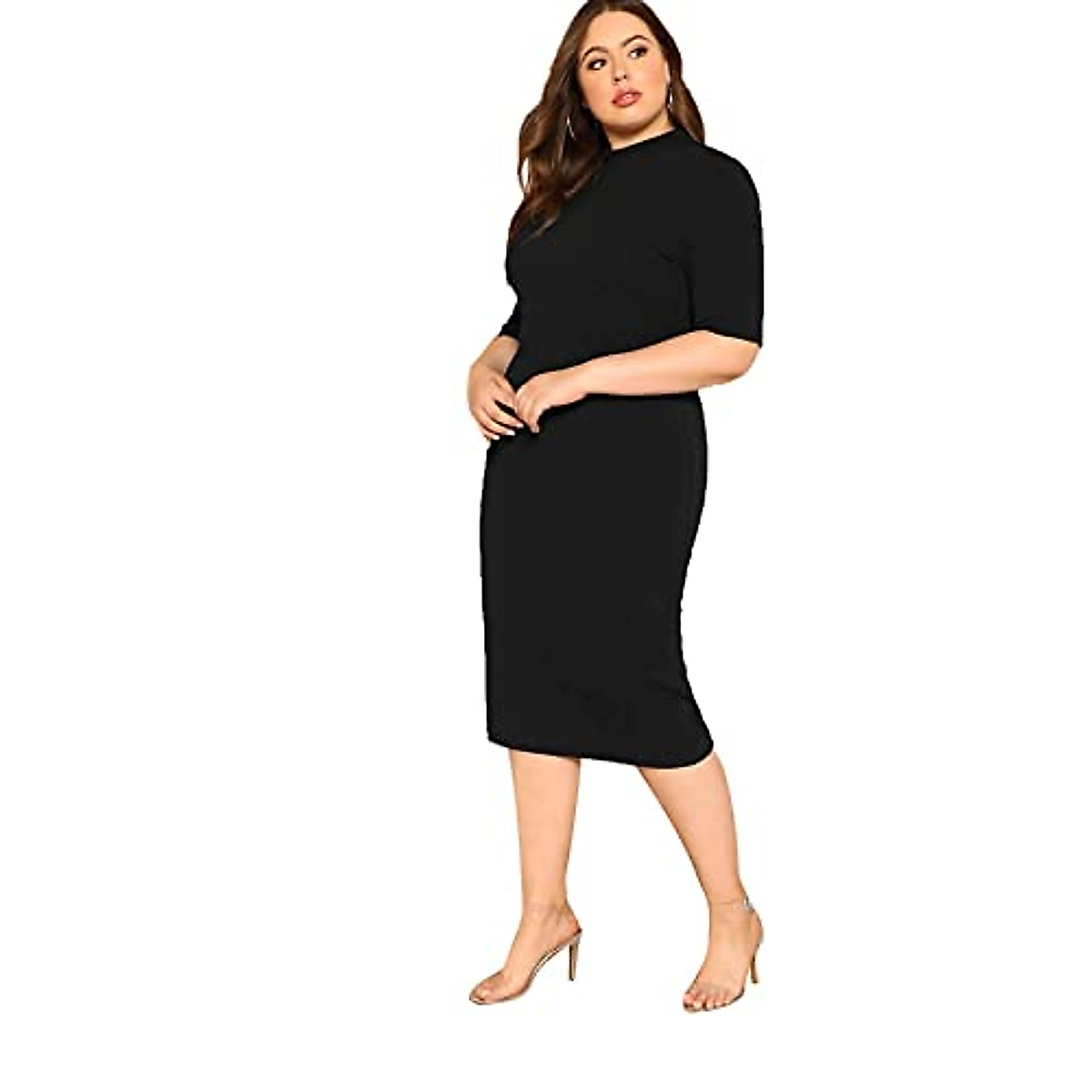 Floerns Women's Plus Size Mock Neck Short Sleeve Bodycon Pencil Midi Dress Black Pure 2XL