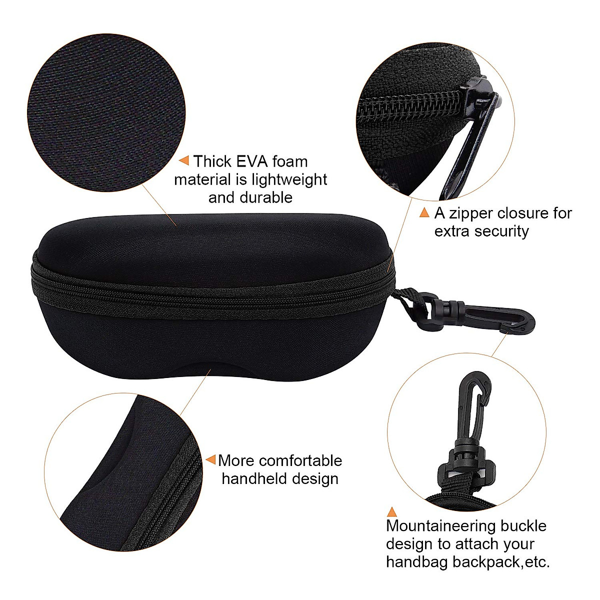 INNOLIFE 3 PCS Large Size Zipper Shell Sunglasses Glasses Case with Plastic Carabiner Hook & 3 PCS Glasses Pouch & 3 PCS Cleaning Cloth（black）