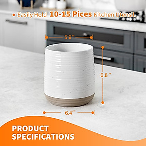 Officepal 6.8" Large Ceramic Kitchen Utensil Holder - Utensil Holder for Kitchen Counter, Modern Farmhouse Style Utensil Holder for Spoons, Spatulas & Cooking Tools (White)