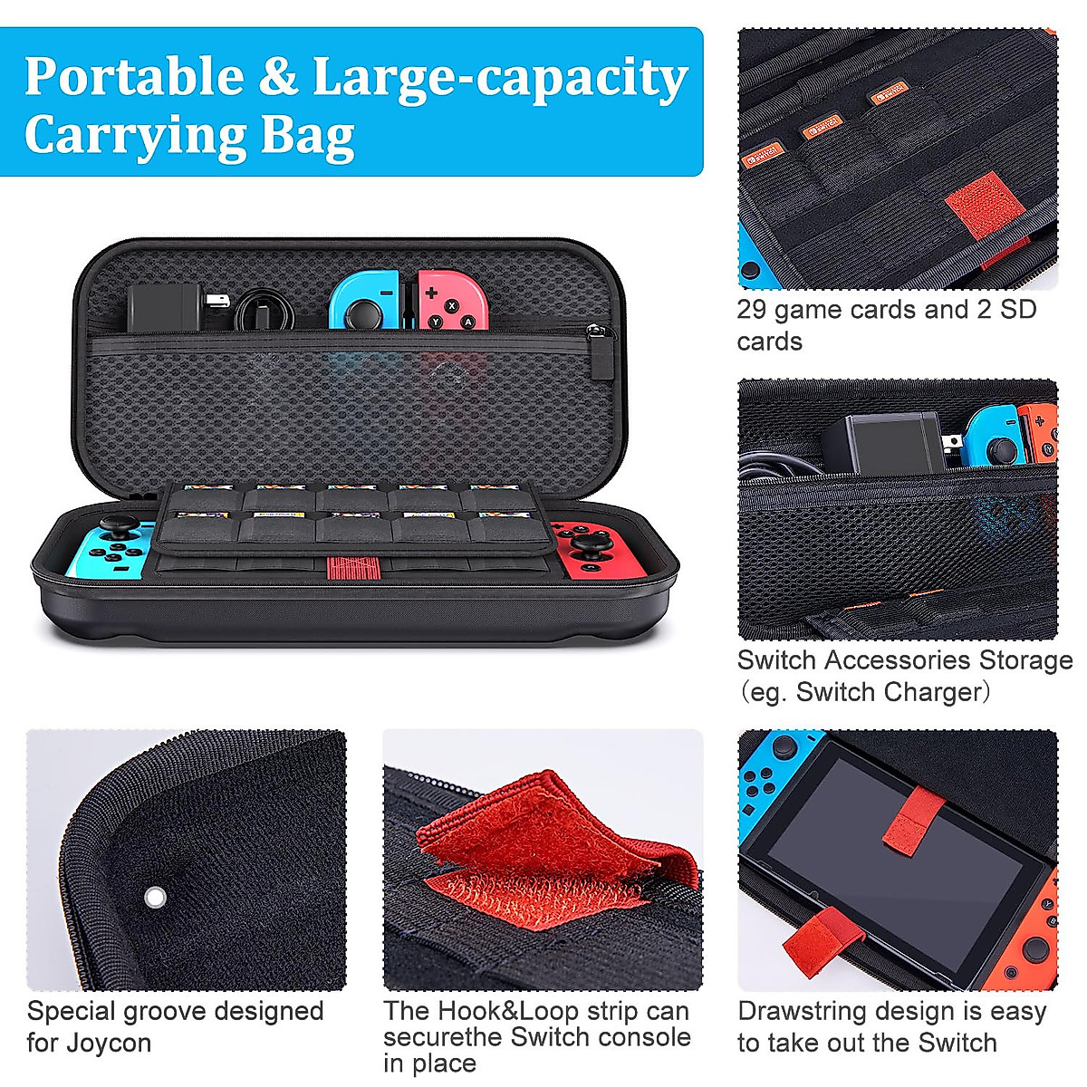 Switch Accessories Bundle, innoAura 20 in 1 Switch Accessories Kit Include Wrist Straps, Switch Carry Case, J-con Charging Dock, J-con Grips & Racing Wheels