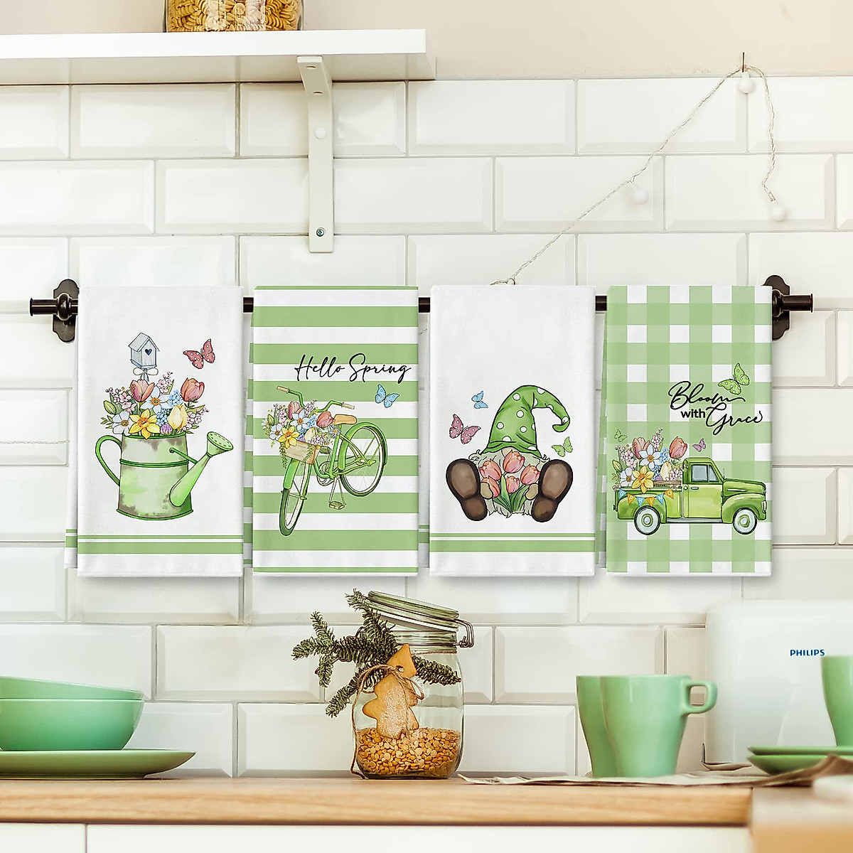 AnyDesign Spring Kitchen Dish Towel Watercolor Gnome Flower Bicycle Truck Dishcloth Green Buffalo Plaids Stripes Hand Drying Tea Towel for Cooking Baking Cleaning Wipes Supplies, 18 x 28 Inch, 4Pcs