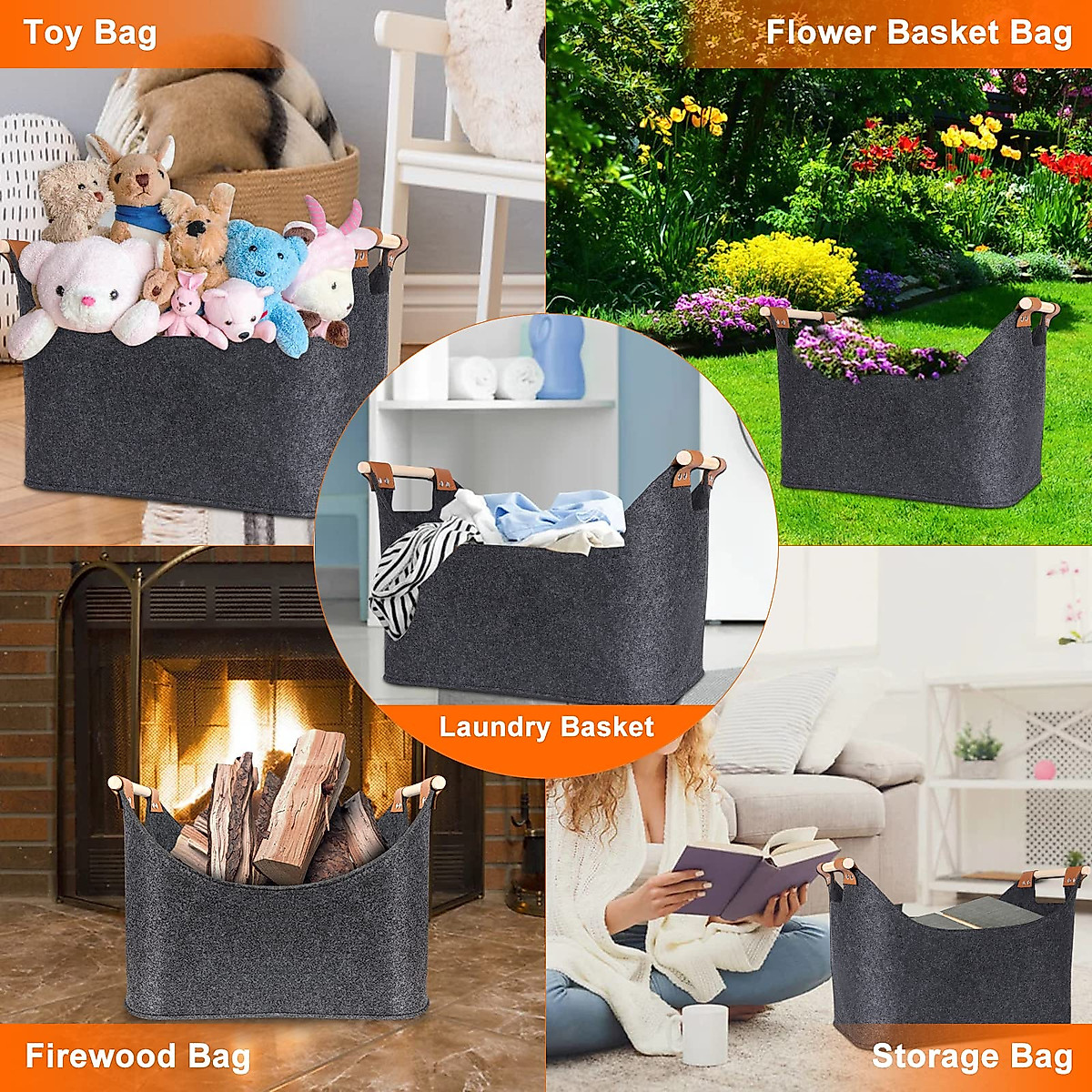 Sindax Storage Basket Felt, Foldable Storage Bin with Wood Handles, Storage Box for Office Bedroom Nursery Laundry Books Clothes Toys Organizing - 15.7" x 9.8" x 11" Grey