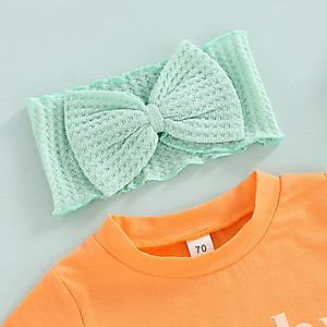 3Pcs Baby Girl Summer Clothes Set Letter Print Short Sleeve T Shirt Top Floral Shorts Headband Outfit (Orange Peachy, 6-12 Months)