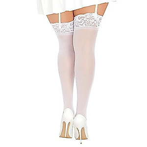 Dreamgirl Women's Plus-Size Lace Top Sheer Thigh-High Stockings, White, Queen/Small