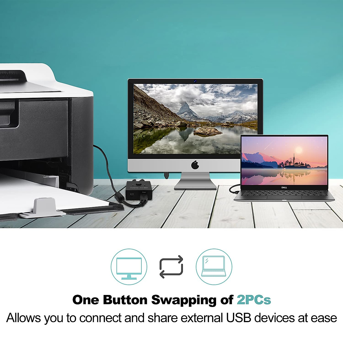 USB 3.0 Switch Selector,Dacimora 2 in 1 Out USB Switcher for 2 Computers Share 1 USB Devices Such as Printer Scanner Mouse Keyboard Card Reader,with One Button Switch and 2 Pack USB 3.0 Cable