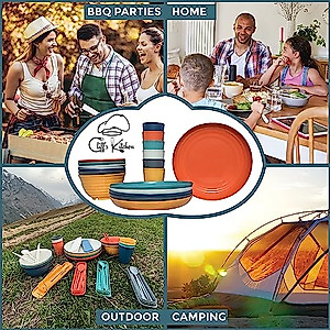 48 Pcs Wheat Straw Dinnerware Sets for 6- Unbreakable Dinnerware Set with Large Plates, Bowl and Cup Set -BPA Free, Lightweight, Microwave Safe Wheat Straw Plates and Bowls Sets, RV Camping Dishes Set