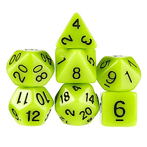 Wiz Dice Sticky Ichor Set of 7 Polyhedral Dice, Solid Neon Green Tabletop RPG Dice with Clear Display Box