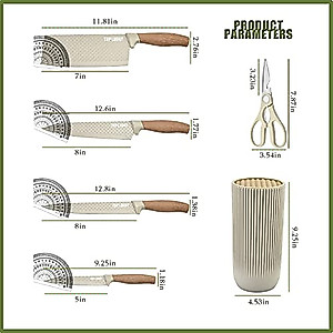 FTNESGYM Kitchen Knife Set, 6-Piece Khaki Cooking Knife Set with Star Grain Blade, Sharp Stainless Steel Chef Knife Set Contains Round Knife Storage, Knives, Scissors for Home Kitchen (Khaki)