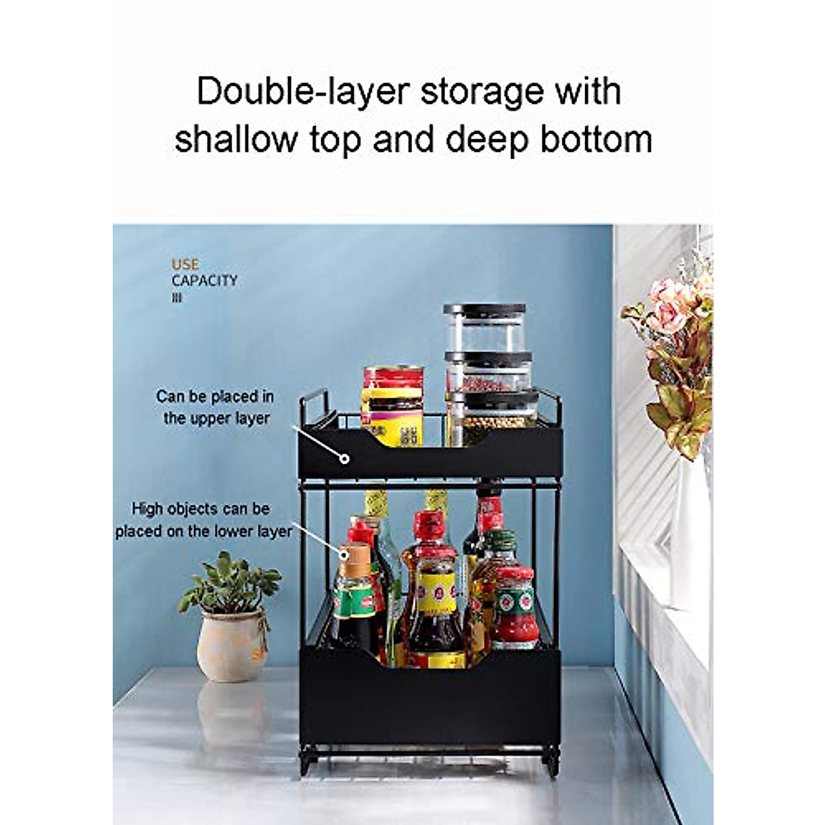 YUEGOO Kitchen Sinks Solid Under Sink Storage 2 Tier Drawer Organizer, Under Sink Storage Rack with Sliding Basket Drawer, Pull Out Drawers Under Sink, for Kitchen Bathroom under/White/40 * 28 * 40cm