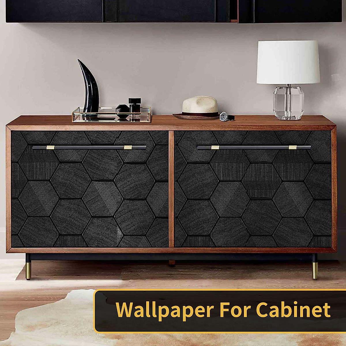Self Adhesive Black Peel and Stick Wallpaper 3D Hexagon Geometric Embossed Contact Paper Removable Easy Peel Off Wallpaper Textured Wall Paper for Cabinet Bedroom, 15.7" X 118"