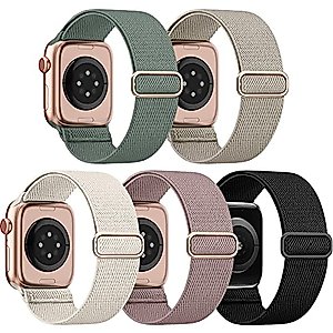 EOMTAM 5 Pack Stretchy Nylon Compatible for Apple Watch Band 38mm 40mm 41mm 42mm 44mm 45mm Women Men,Elastic Cloth Sport Wristbands Solo Loop for iWatch Series 8 7 6 SE 5 4 3(38/40/41MM,Starlight)