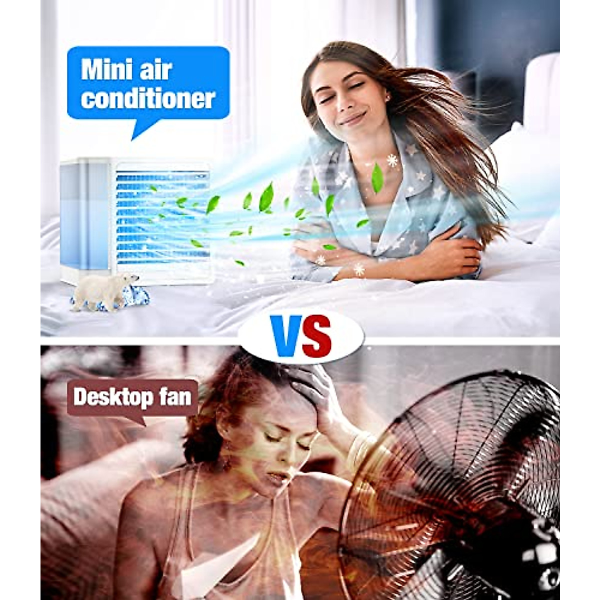 WAPEMORK Mini Portable Air Conditioners - Personal Air Conditioner with LED Night Light, USB Powered Desktop Evaporative Air Cooler with 800ML Water Tank for Car, Camping, Office and Room