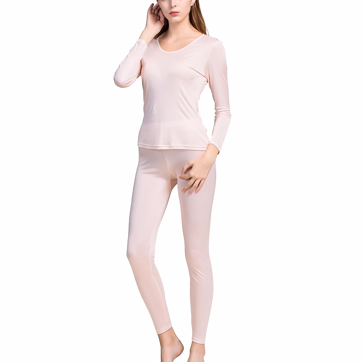 Grenasasilk Womens Silk Long Underwear Mulberry Silk Long Johns Silk Thermal Underwear Sets Cold Weather Base Layer (L, Flechcolor)