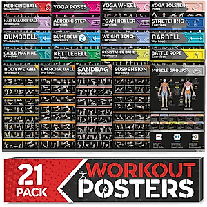 [21-PACK] Laminated Large Workout Poster Set - Perfect Workout Posters for Home Gym - Exercise Charts Incl. Dumbbell, Yoga Poses, Resistance Band, Kettlebell, Stretching & More Fitness Gym Posters
