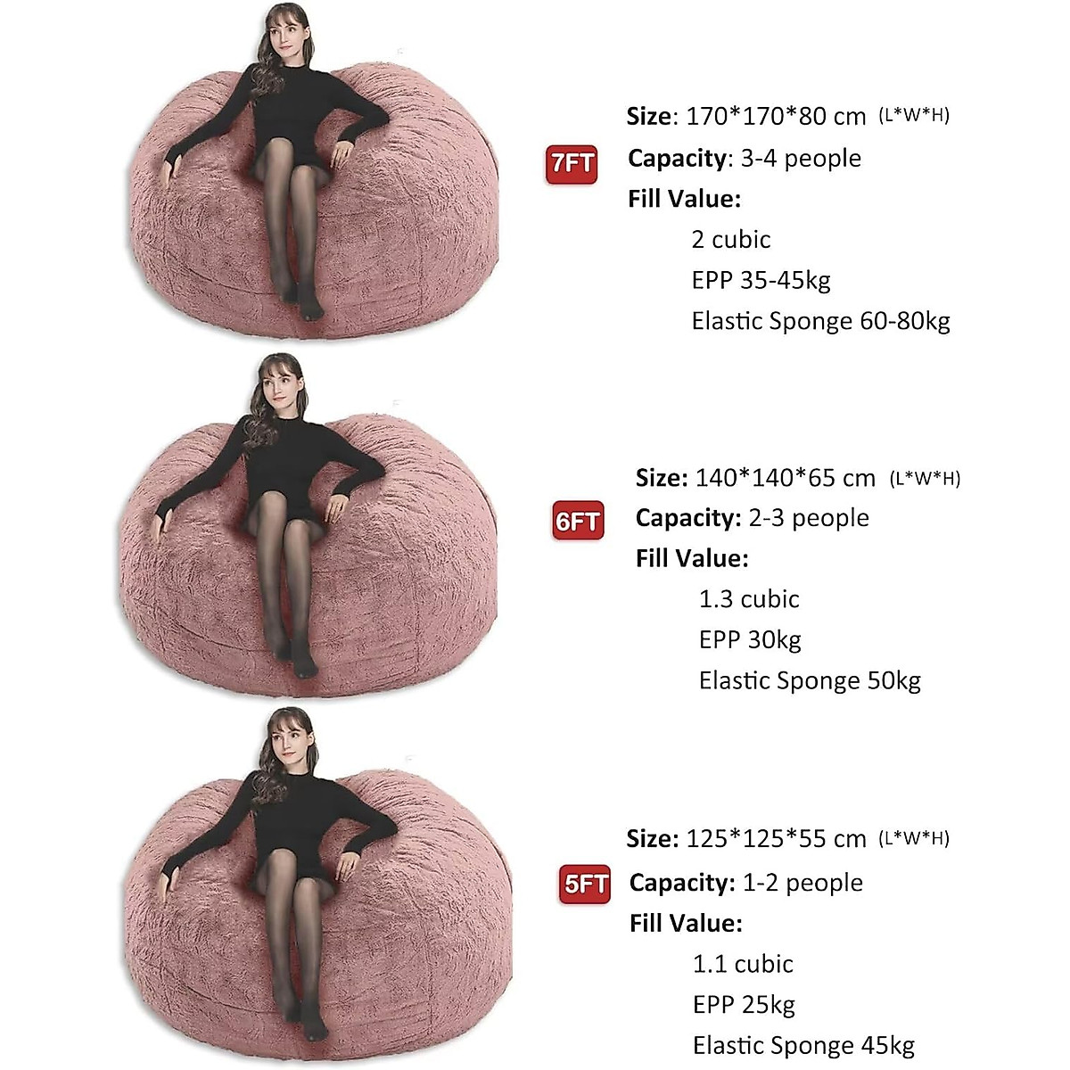 Bean Bag,Giant Fur Bean Bag Chair Cover for Adults Kids (Without Filling) Comfy Fluffy Giant Round Beanbag Lazy Sofa Cover for Reading Chair Floor Chair Lazy Sofa Bed Cover Soft Fluffy Faux BeanBag