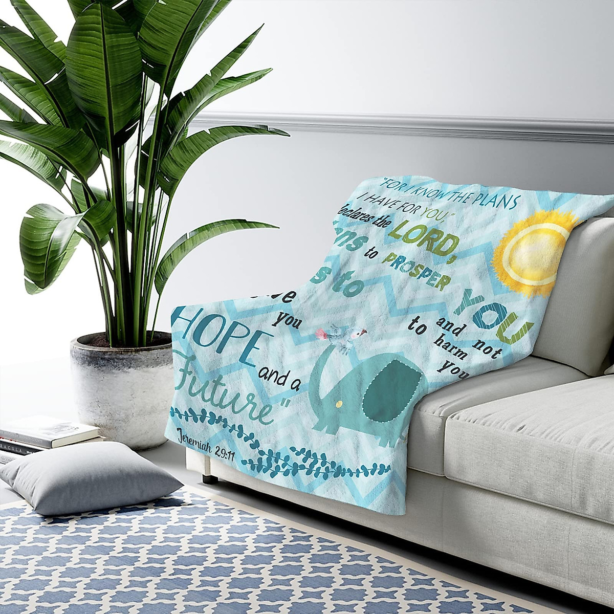 Yamco Elephant Throw Blanket - Christian Gifts for Kids - Religious for Christian Friends 50" x 40" Blankets - Bible Verse Church Catholic Gift - Baby Shower First Communion Ideas - Confirmation Gifts