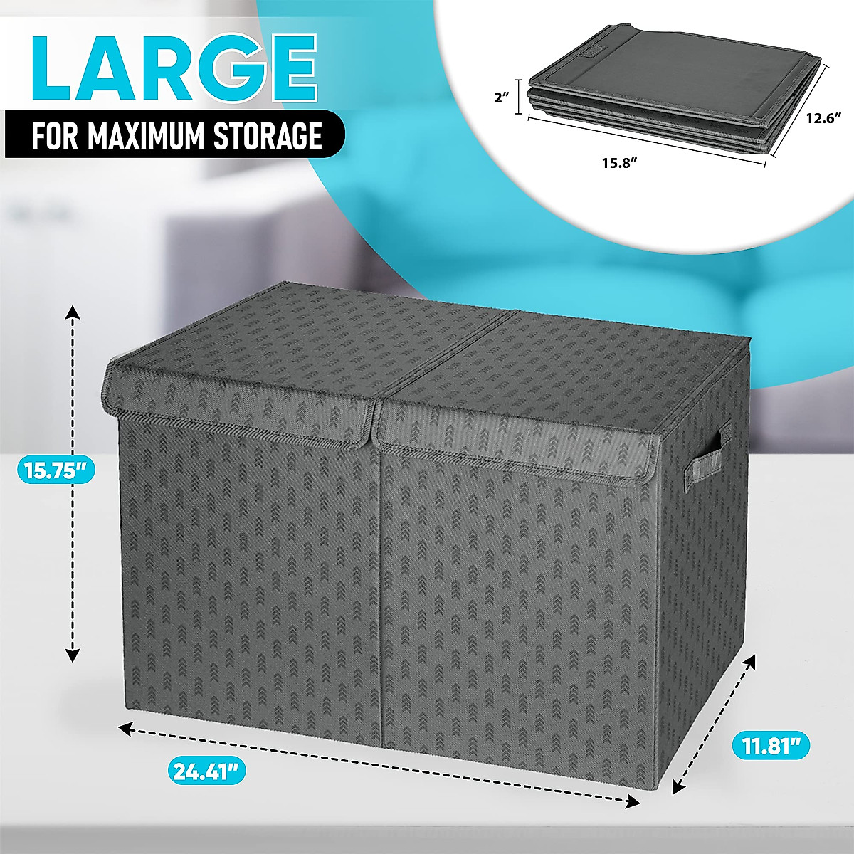 Hula Home Toy Storage (3pc) Large - Collapsible Chest Bins w/Lids | Premium Polyester Linen Fabric - Foldable Box Organizer Closet Trunk Container Basket w/Cover for Boys Girls Bedroom Nursery(Gray)