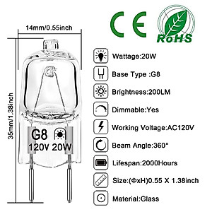 VITUNOV G8 Halogen Bulb 120V 20W Xenon Under Cabinet Lighting Replacements T4 Type 2 Pin Base Dimmable 2700K Warm White (12 Pack)