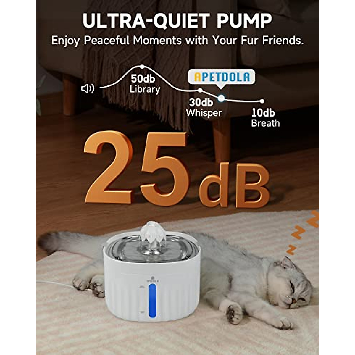 Cat Water Fountain, APETDOLA Cat Fountain Automatic with Stainless Steel Tray, 2L/67oz Ultra-Quiet Pet Water Fountain for Cats Inside, Cat Fountain Water Bowl, for Cats, Dogs, Multiple Pets