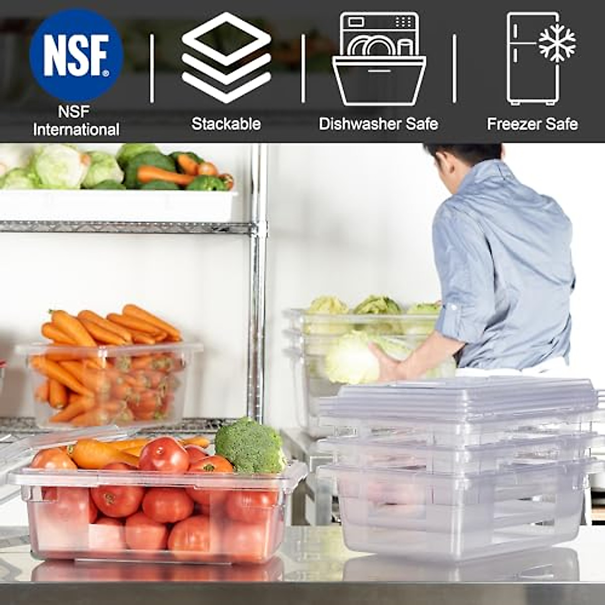 CURTA 4 Pack Food Storage Box with Lid, Clear NSF Polycarbonate Food Storage Box, 3.5 Gallon,Stackable Commercial Storage Containers for Kitchen Restaurant (18" x 12" x 6")