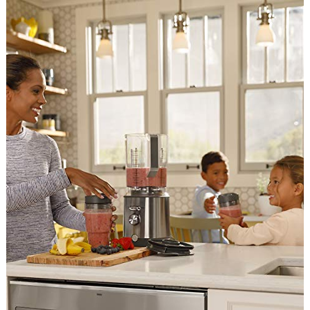 GE 5-Speed Blender + (2) 16 Ounce Blender Cups | Kitchen Essentials Blender for Shakes, Smoothies & More | Large 64 oz Tritan Jar, 8-10 Servings | Stainless Steel Blades & Exterior Finish | 1000 Watts