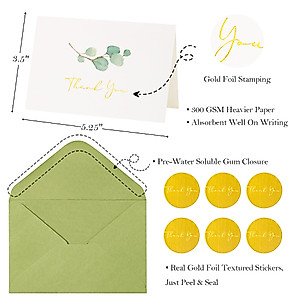 Crisky 100 PK Printable Greenery Thank You Cards with Envelopes Bulk - 5.25 x 3.5 Inches Gold Greenery Thank You Cards Notes for Wedding, Baby Shower, Bridal Shower, Small Business, Birthday