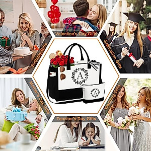YOOLIFE Personalized Initial Canvas Tote Bag Gifts for Women, Gifts for Women Mom Birthday Beach Bag with Makeup Bag Pockets Friends Teacher Grandma Wedding Birthday Gifts Bridesmaid Bags D