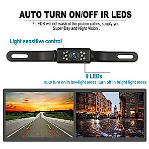 Car Backup Camera HD Night Vision Rear View Camera License Plate Camera with 9 LED Lights, Font & Rear Camera, Wide View Angle, IP69K Waterproof Reverse Camera for Cars,SUV,Trucks,RV, Pickup