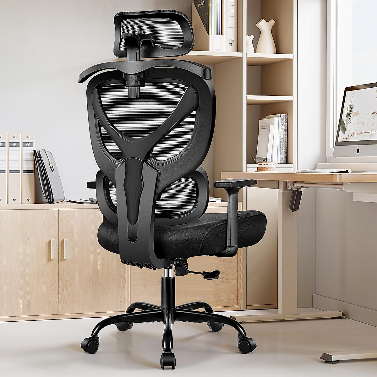 Winrise Office Chair Ergonomic Desk Chair Comfy Computer Chair, Big and Tall Home Office Chair with Back Support, Mesh Office Chair High Back Gaming Chair with Adjustable Armrest (Black)