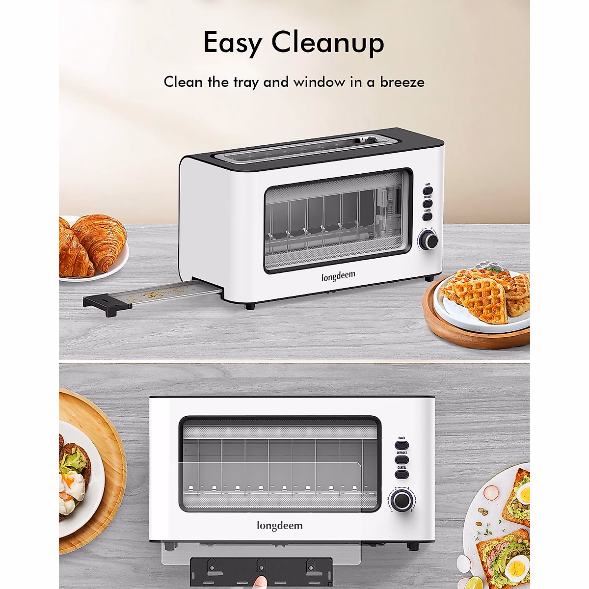 Clear View Toaster, LONGDEEM 1.75'' Extra Long Slot Glass Toasters Stainless Steel 2 Slice with 6 Browning Control for Bagel, Defrost & Auto Shut Off with Removable Crumb Tray, White