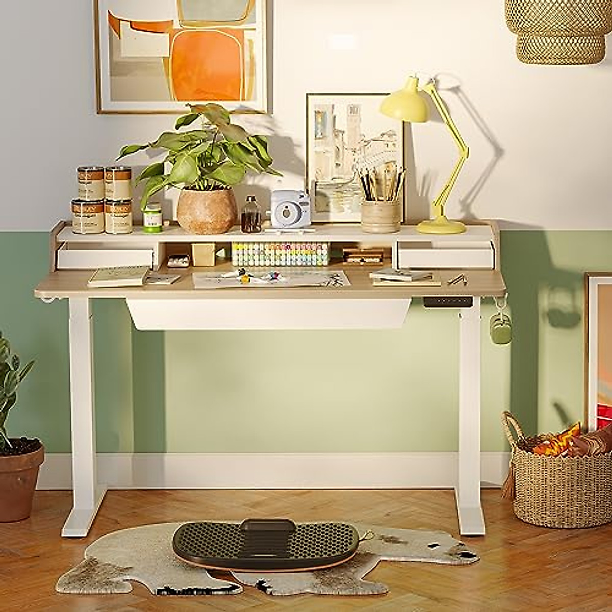 FEZIBO Height Adjustable Electric Standing Desk with Three Drawers, 48 x 25 Inch Table with Storage Shelf, Sit Stand Desk with Storage Space, Splice Board with White Frame/Light Walnut Top, 48 inch