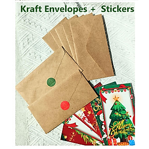 PINKEESEA Christmas Cards with Kraft Envelopes - 24 Christmas Cards with 24 Kraft Envelopes 24 Festive Stickers-6 Holiday Designs