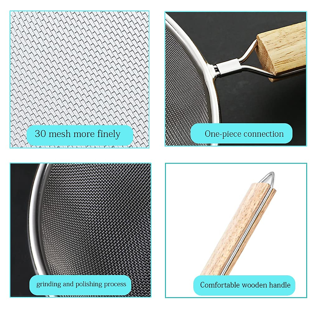 Weymier Fine Mesh Strainers For Kitchen, Stainless Steel Mesh Strainers With Wood Handles,Set of 3 Sizes: 4.9"，6.3"and 7.9"