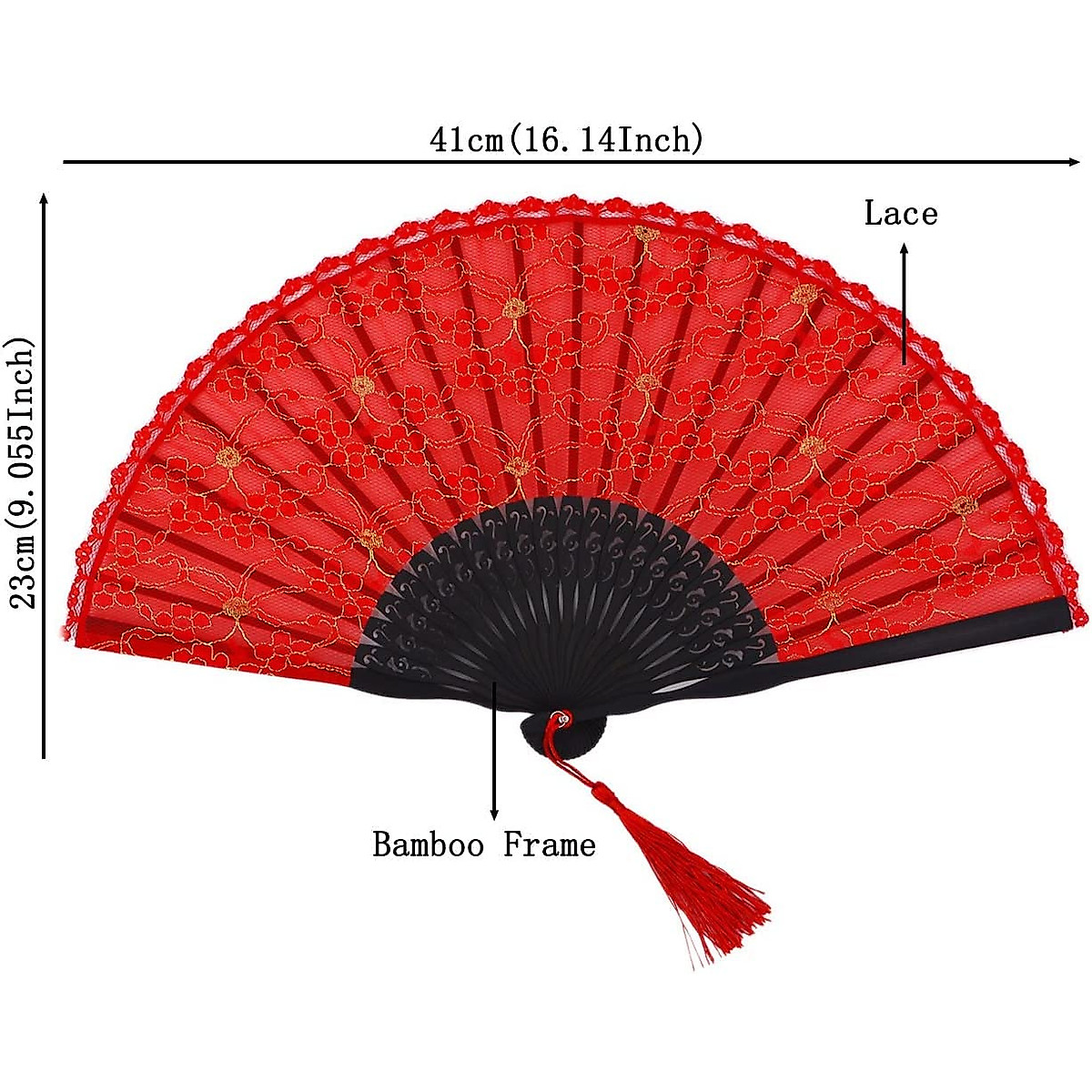 Womens Multi Color Handmade Cotton Lace Folding Hand Fan (Black-A) (Red-a)